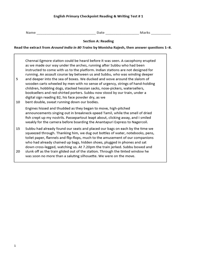 English Primary Checkpoint Reading Writing Test 1 | PDF