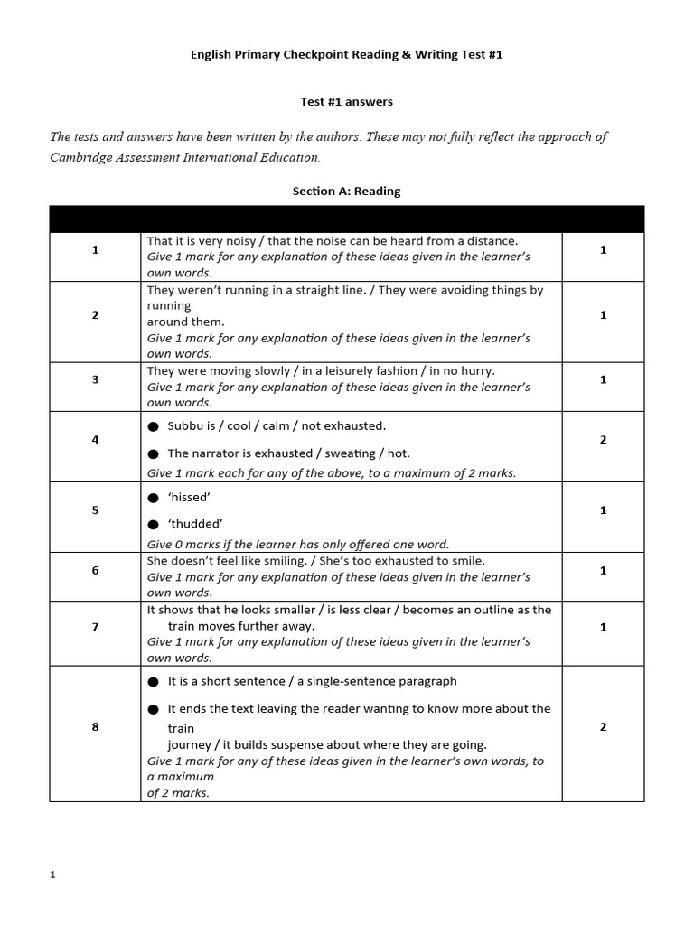 English Primary Checkpoint Reading Writing Test 1 Answers | PDF ...