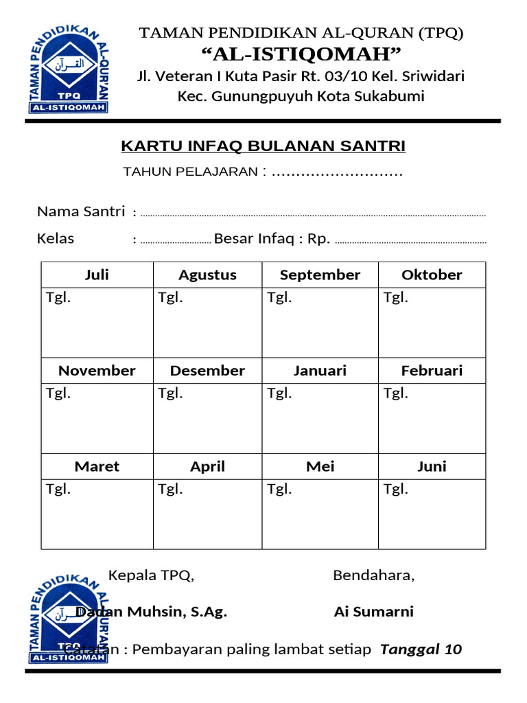 Kartu Infaq Bulanan Santri TPQ Al-Istiqomah | PDF