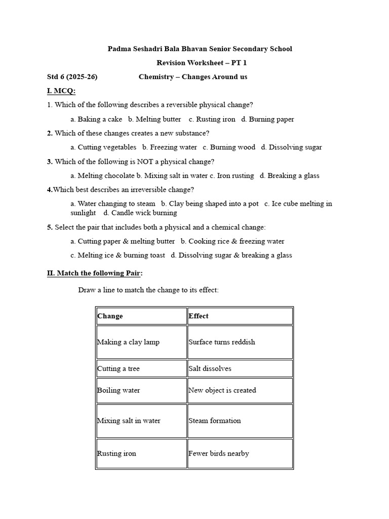 STD 6 Pt1 Chemistry Revision Worksheet 2025-2026 | PDF | Water | Chemistry