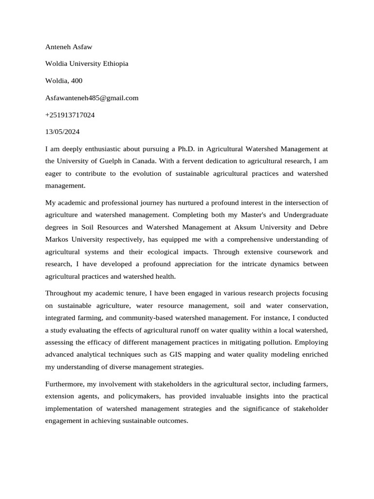 Cover Letter For PHD Postion For Watershed | PDF | Agriculture ...