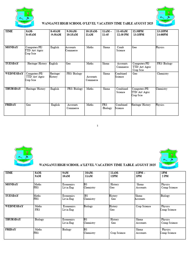August Timetable Vacation | PDF | Science
