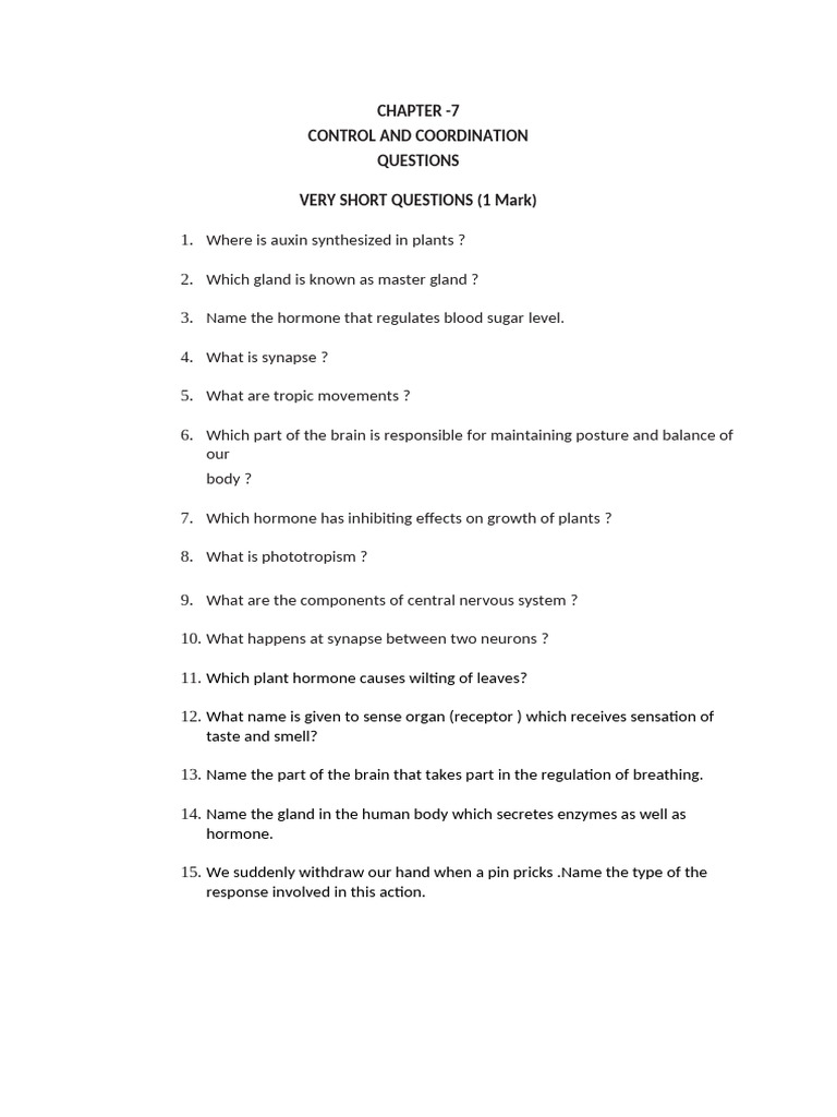 Control and Coordination Worksheet | PDF | Hormone | Biology
