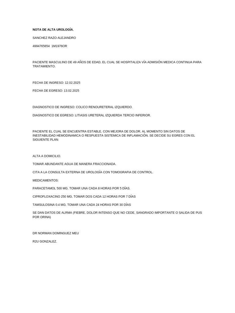 Nota de Alta Urología | PDF | Especialidades Medicas | Medicina CLINICA