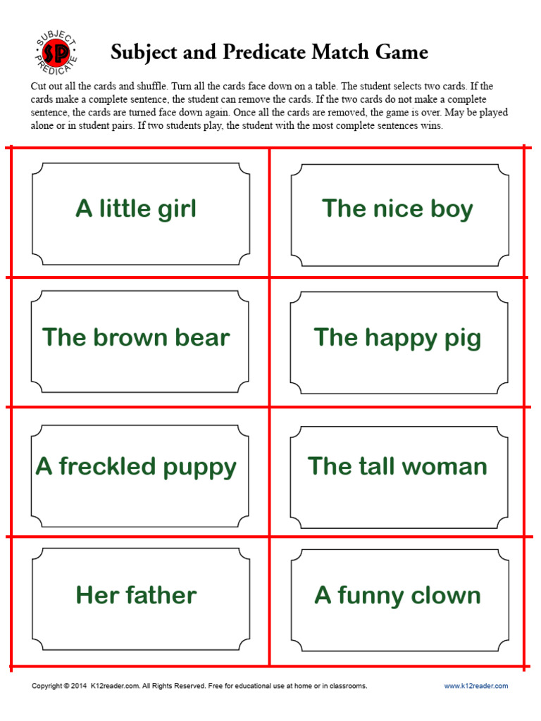 Subject and Predicate Match Game | PDF