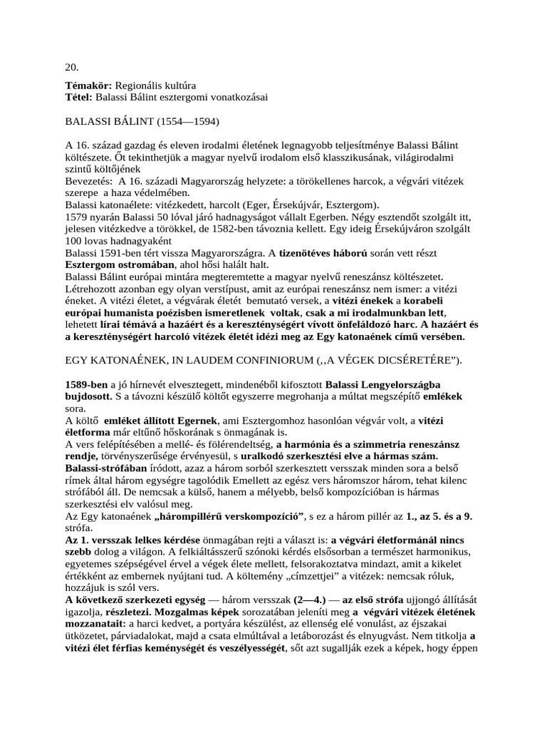 BALASSI BÁLINT Érettségi Tétel | PDF