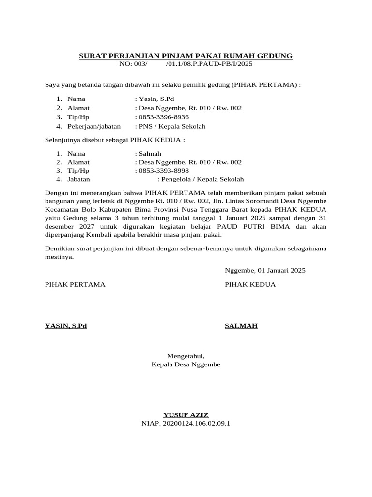 Surat Perjanjian Pinjam Pakai Gedung PAUD | PDF