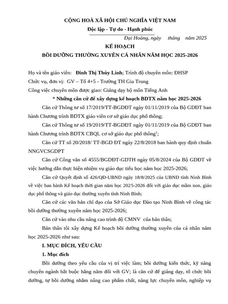 Ke Hoach BDTX CA Nhan 25-26 | PDF