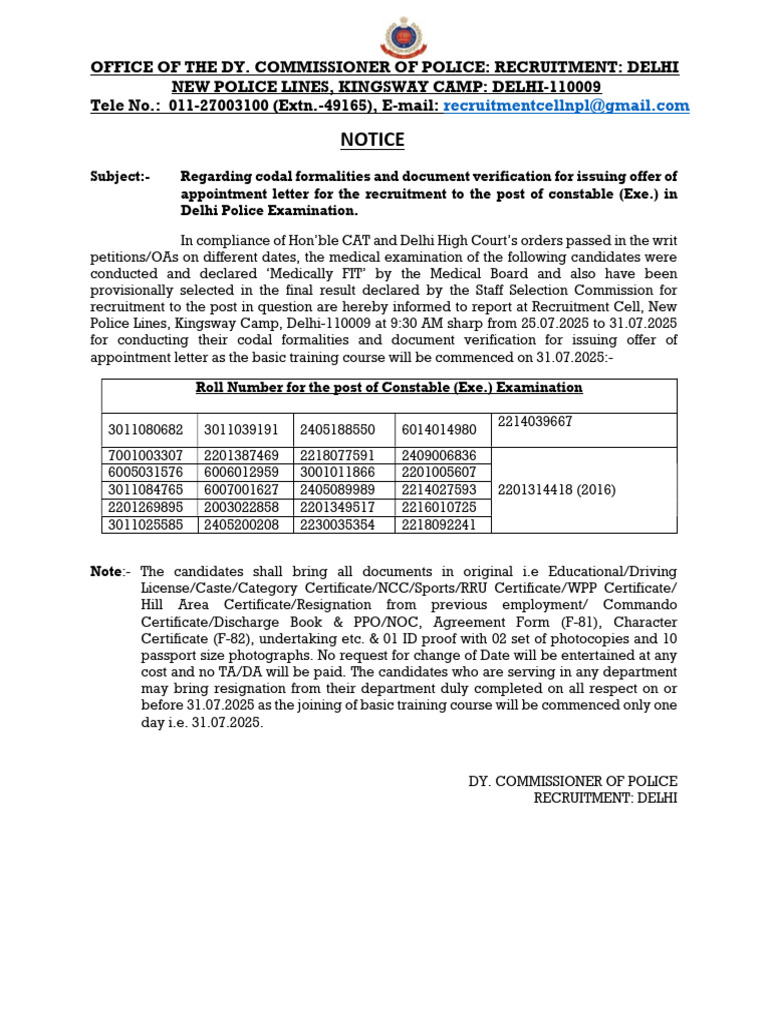 Delhi Police Constable Recruitment Notice | PDF | National Security