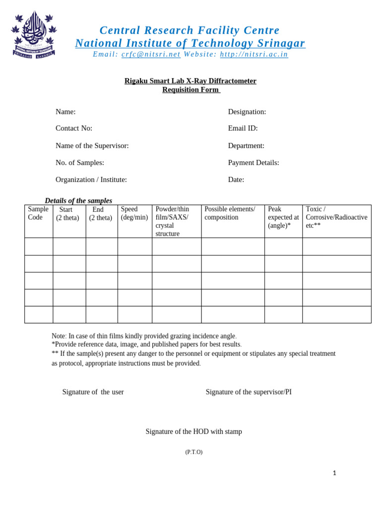 X-Ray Diffractometer Requisition Form | PDF