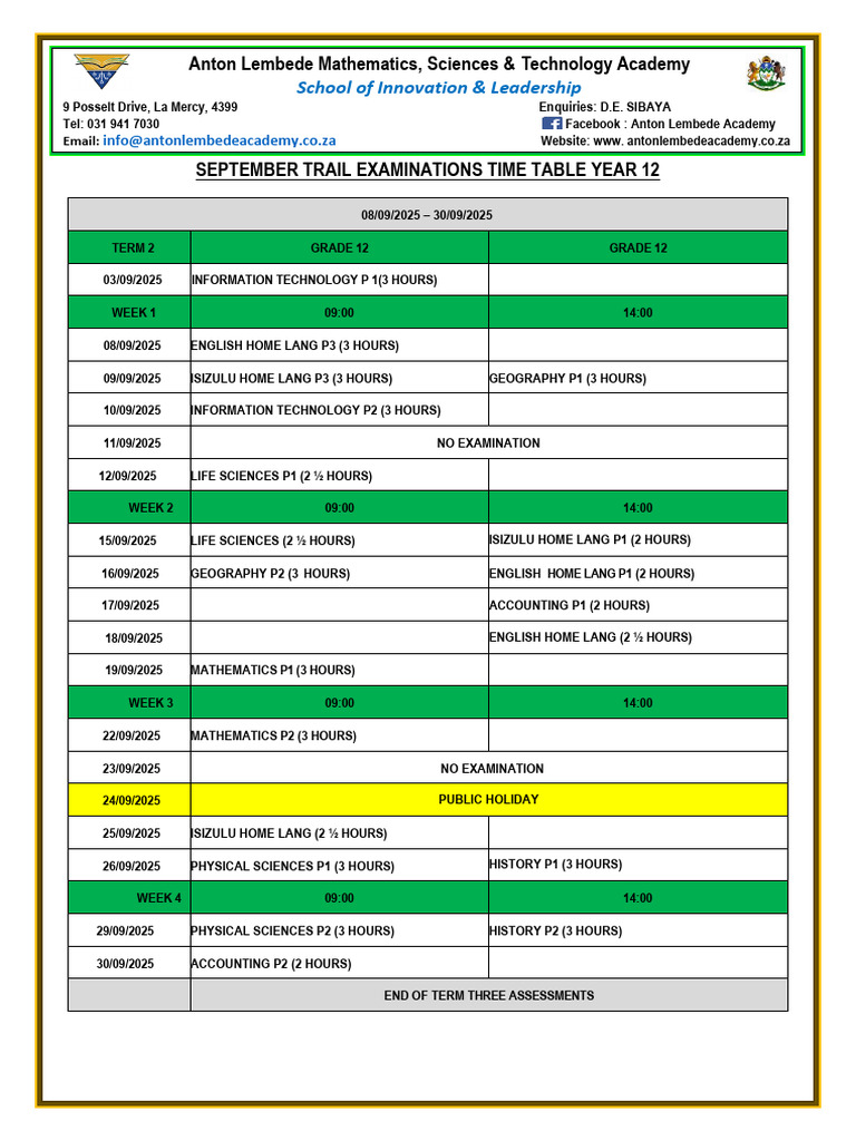 2025 Grade 12 Trail Exam Timetable | PDF