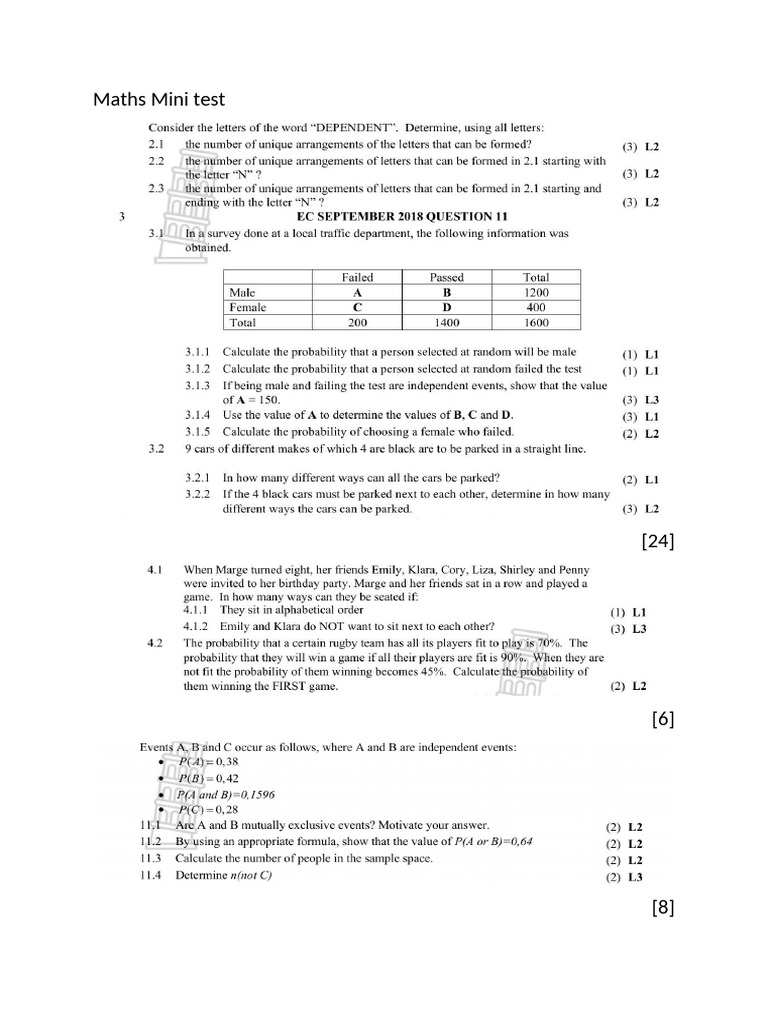 Maths Mini Test (Probability) | PDF