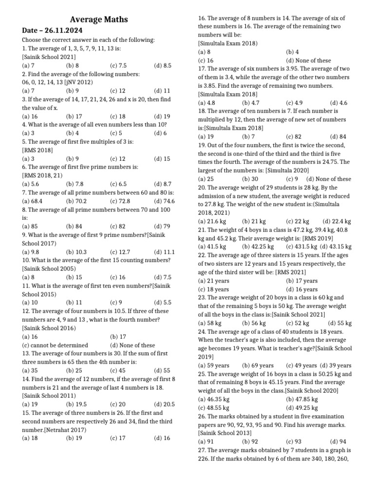 Average Calculation Questions and Answers | PDF | Average