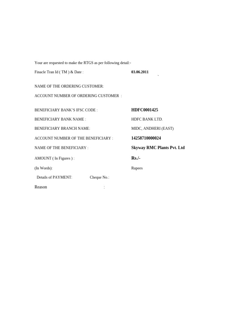 RTGS Details of - HDFC - Skyway RMC Plants PVT LTD | PDF