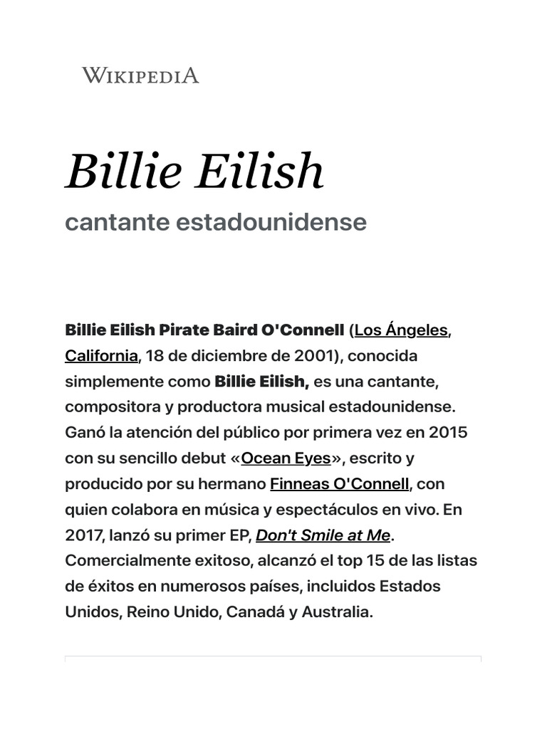 Billie Eilish - Wikipedia, La Enciclopedia Libre | PDF | Industria de ...