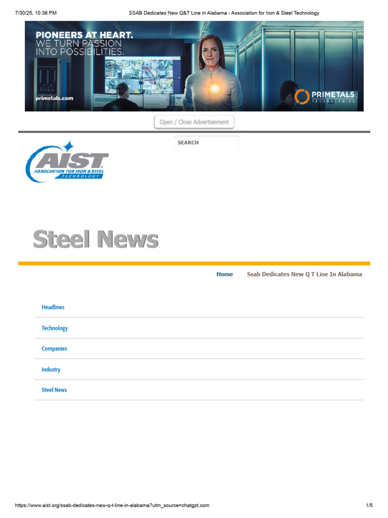 SSAB Dedicates New Q&T Line in Alabama - Association For Iron & Steel ...