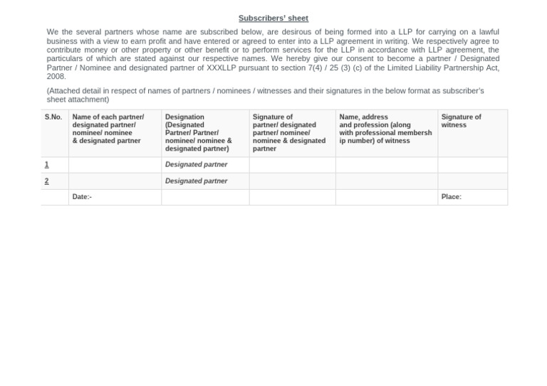 LLP Subscriber Sheet Format | PDF