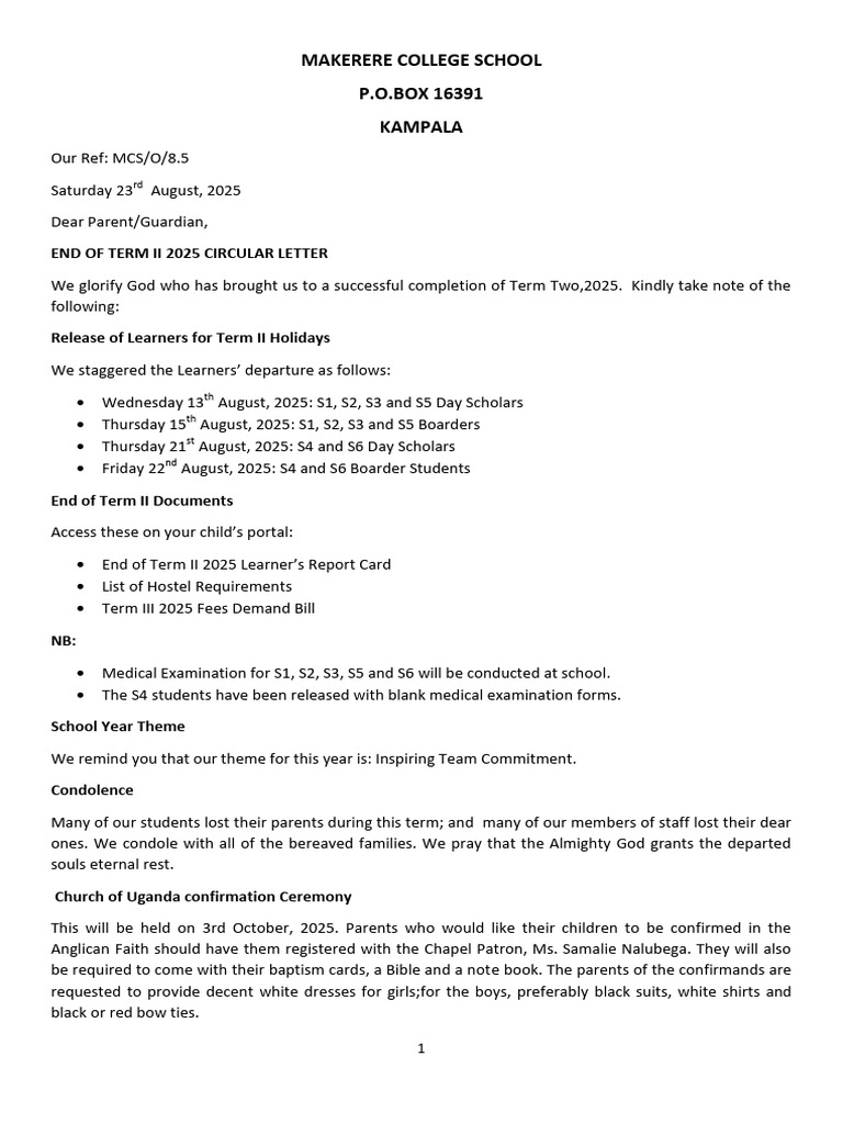 End of Term II 2025 Circular | PDF