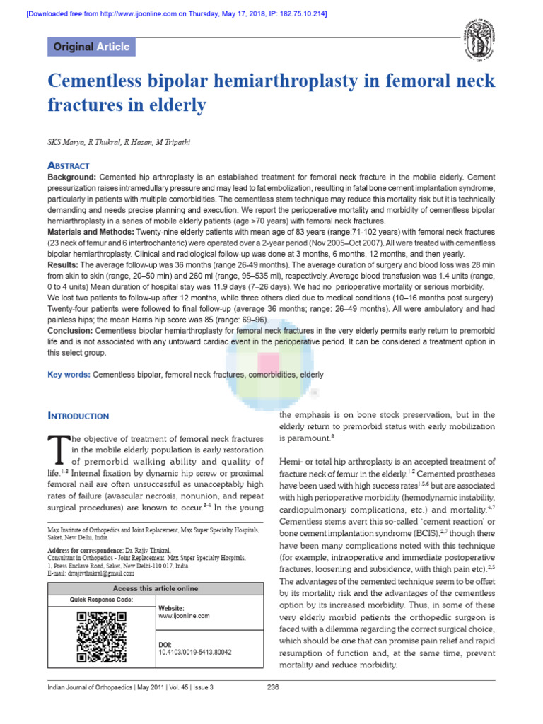 Cementless Bipolar Hemiarthroplasty Outcomes | PDF | Hip | Medical ...