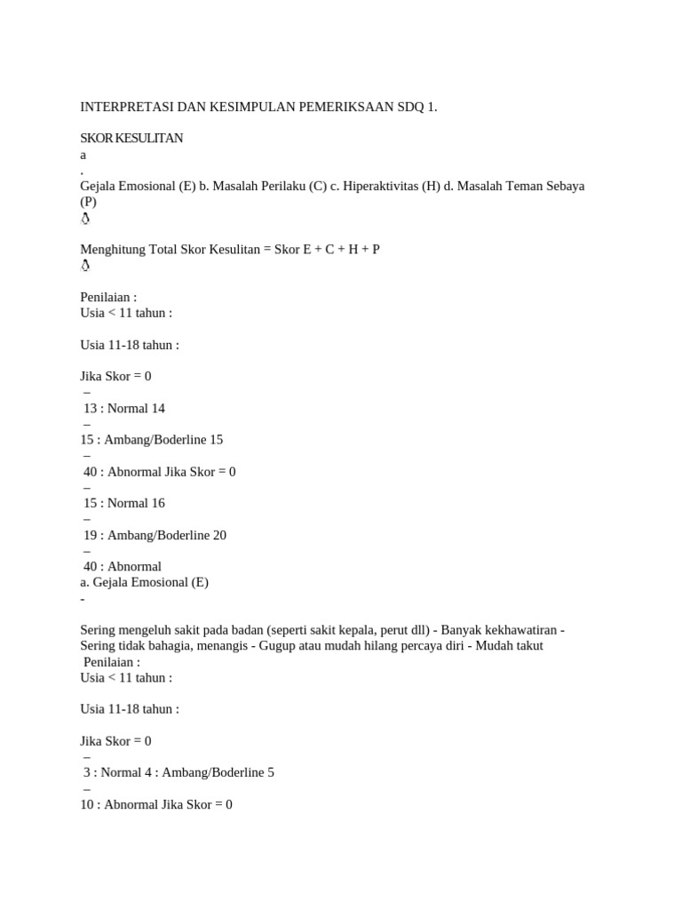 Interpretasi Skor Kesulitan SDQ Anak | PDF