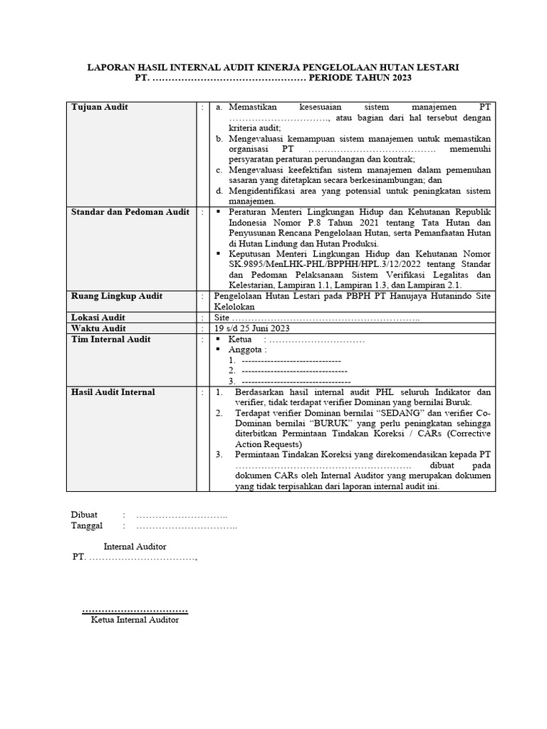 Contoh Laporan Hasil Internal Audit Kinerja Pengelolaan Hutan Lestari | PDF
