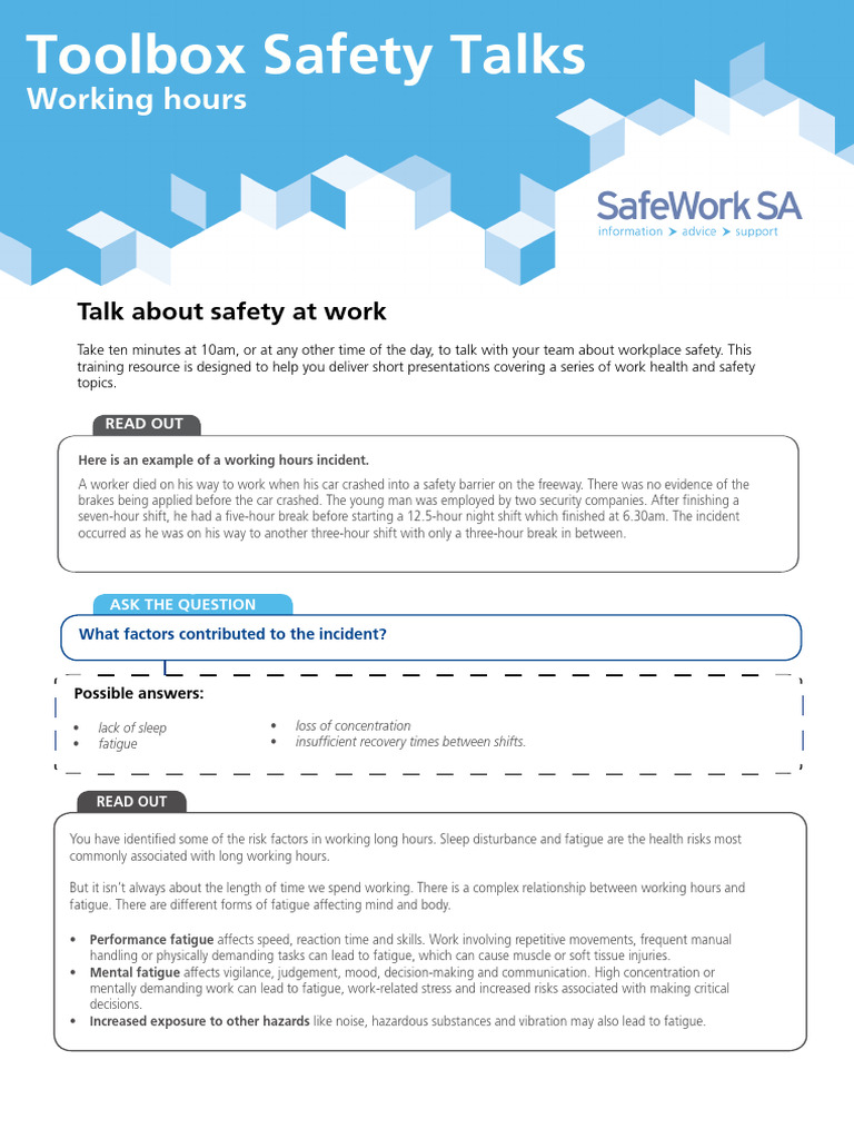 Shift Work Fatigue Safety Talk | PDF | Occupational Safety And Health ...