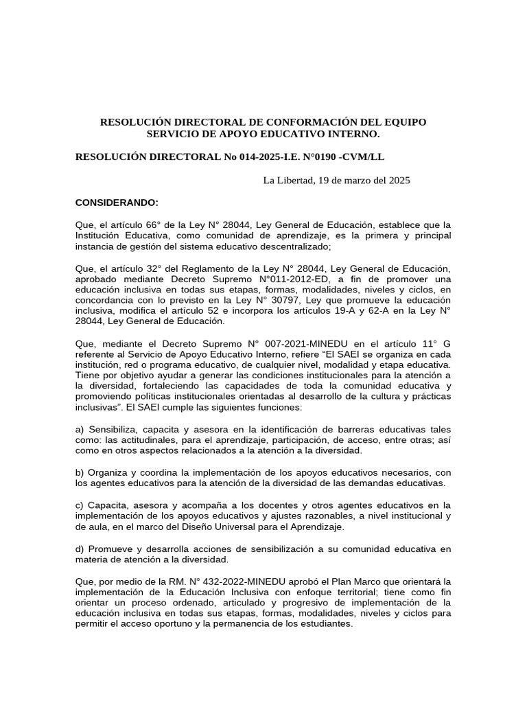 Conformación SAEI 2025 en I.E. N°0190 | PDF | Aprendizaje | Plan de ...