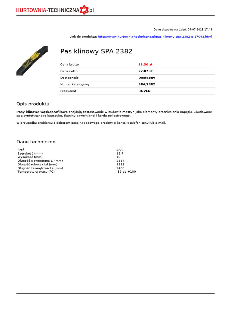 Pas Klinowy Spa 2382 | PDF