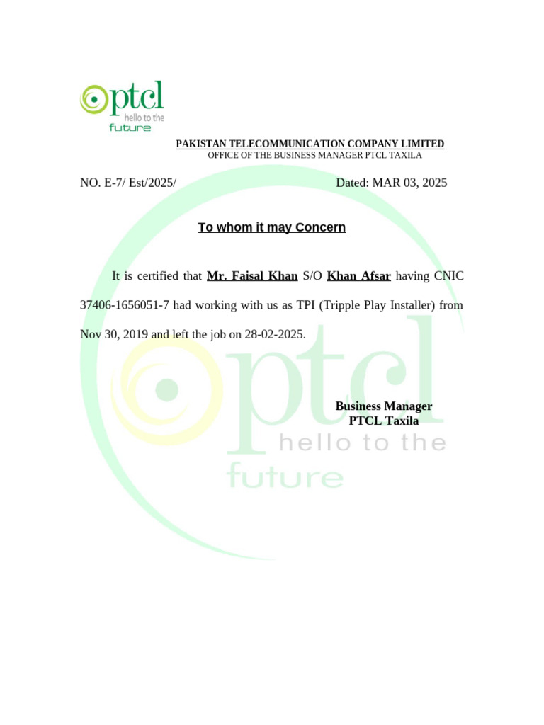 PTCL Experience Letter for Faisal Khan | PDF