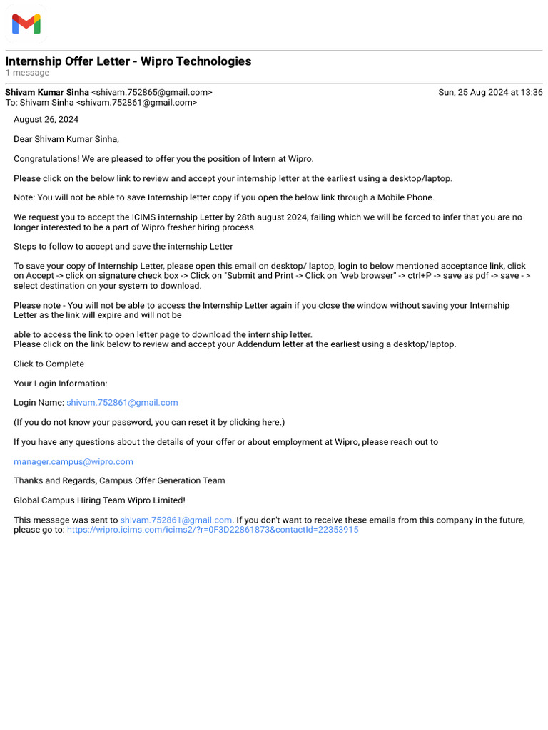 Gmail - Internship Offer Letter - Wipro Technologies | PDF