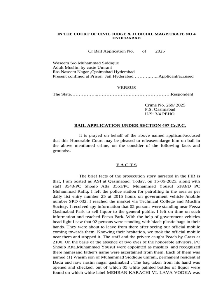 Bail Application Under Section 3/4 PEHO | PDF | Bail | Justice