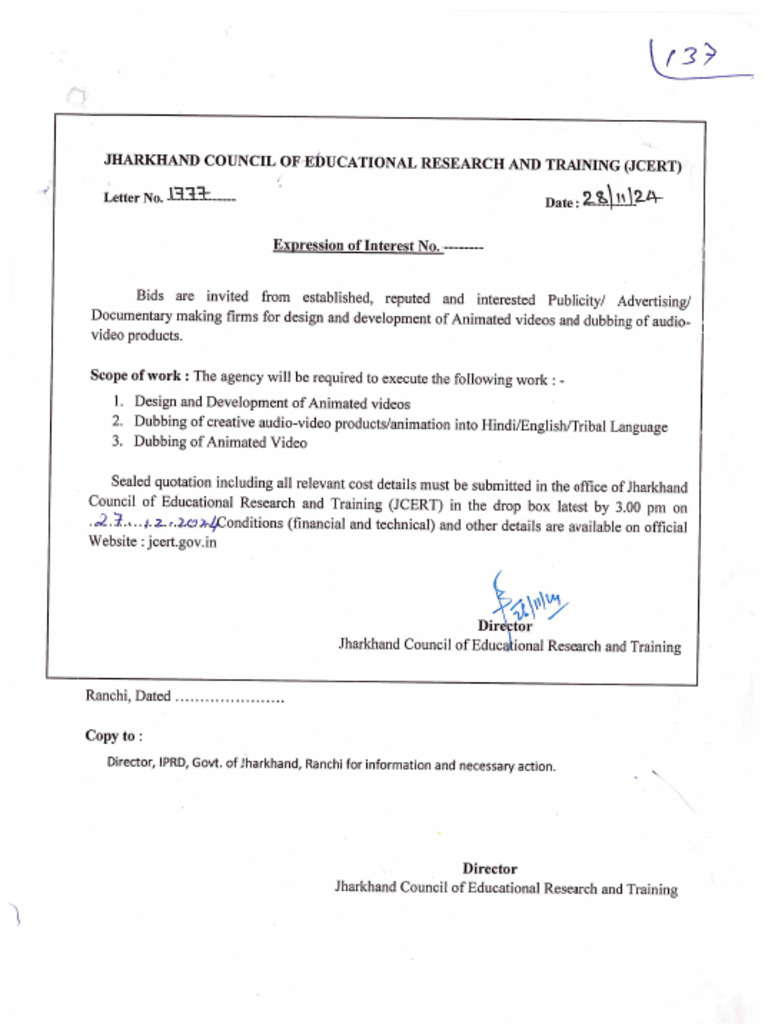 EOI Tender Document by JCERT - Deadline On 27-12-2024 | PDF