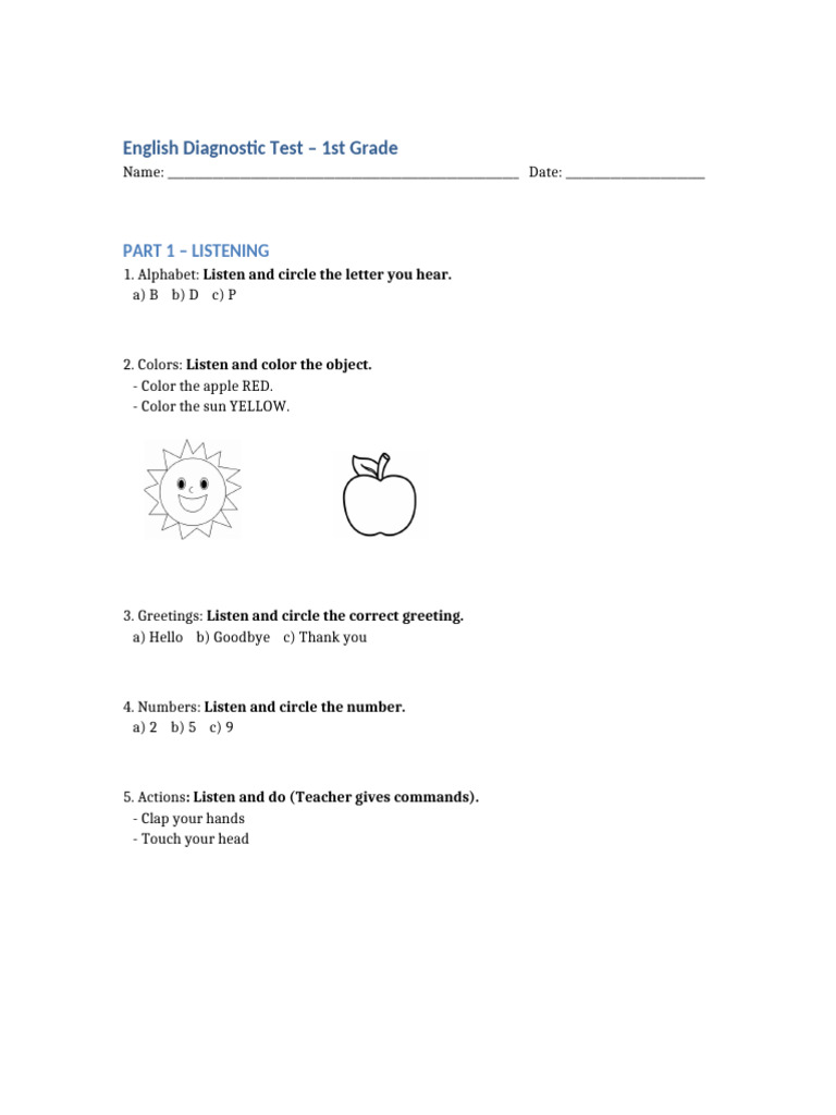 Diagnostic Test 1st Grade | PDF