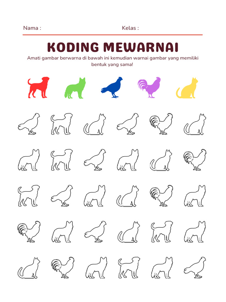 Koding Mewarnai Hewan Lembar Kerja SD Kurikulum Mendalam Warna Warni ...