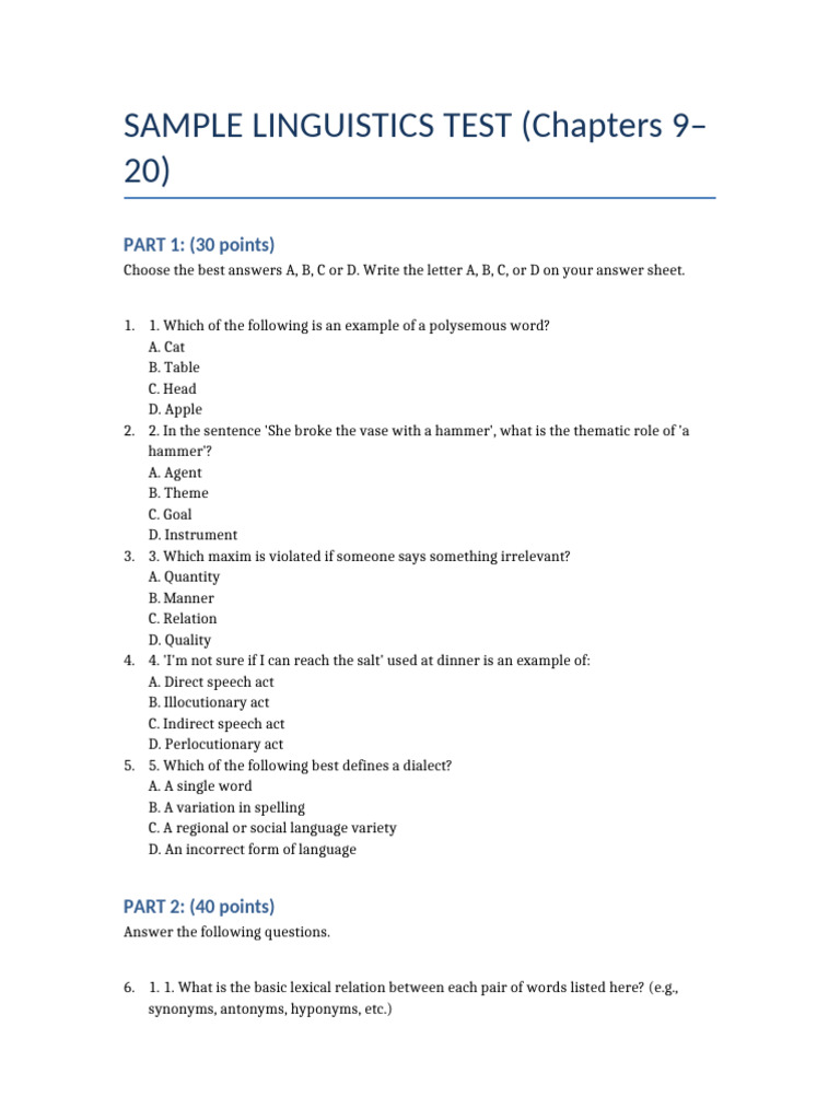 Sample Linguistics Test Ch9-20 | PDF