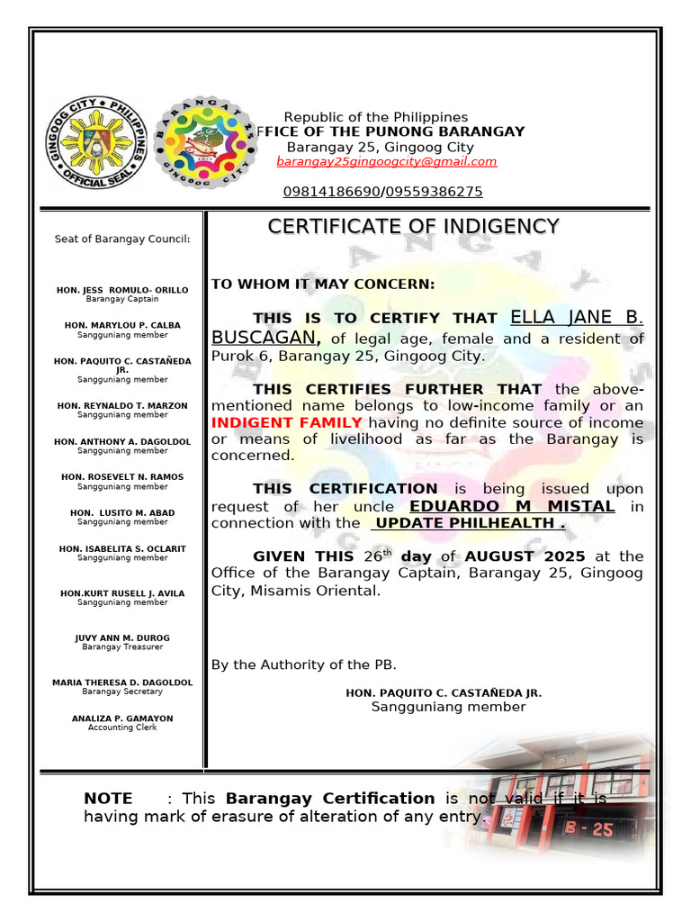 Certificate of Indigency - Barangay 25 | PDF