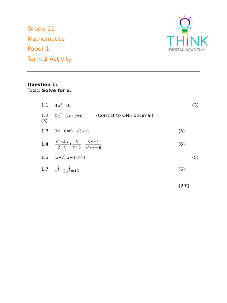 Grade 11 Mathematics Activity P1 | PDF
