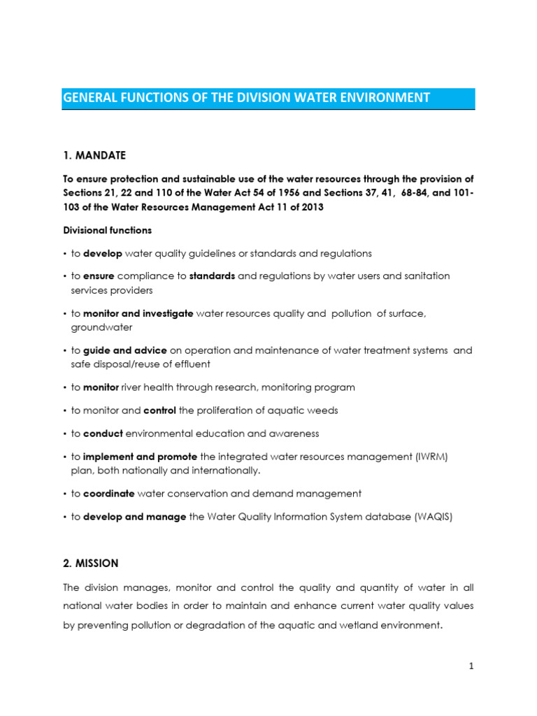 Functions of Water Environment Division-2 | PDF | Water Quality ...