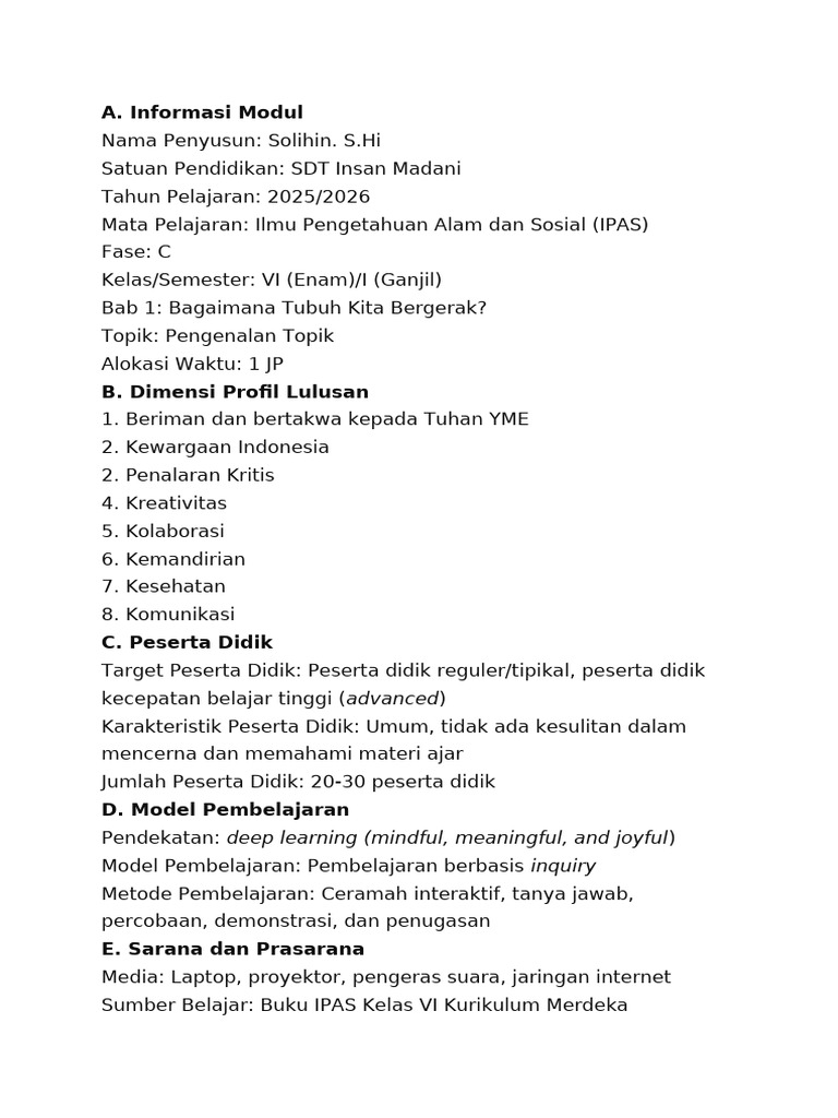 Modul IPAS Kelas VI: Sistem Gerak Tubuh | PDF