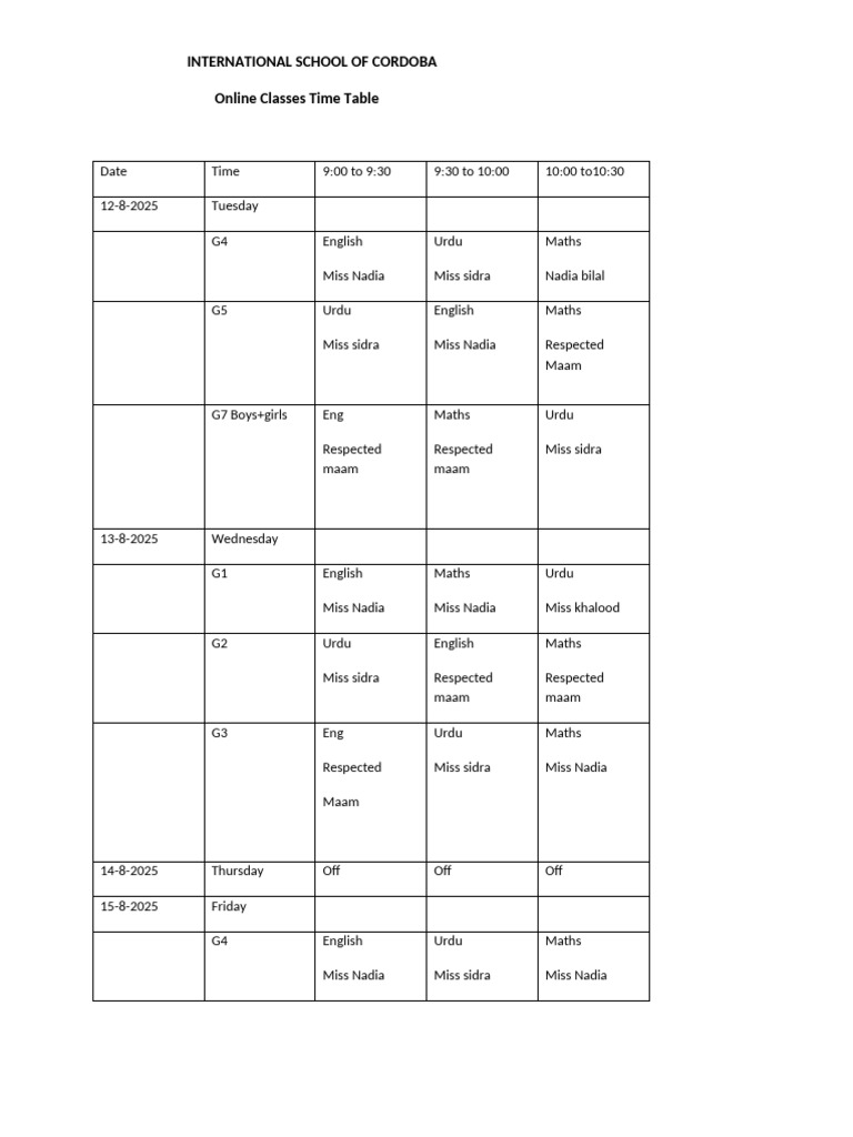 Online Classes Time Table | PDF