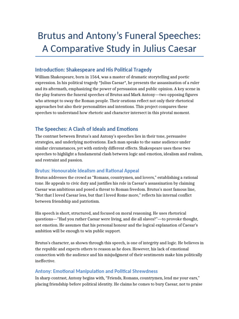 Focused Comparison Brutus Antony Project | PDF | Rhetoric | Julius Caesar