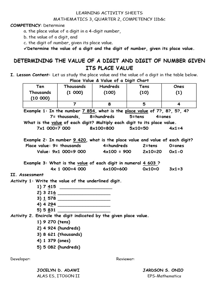 Place Value and Digit Value Activities | PDF