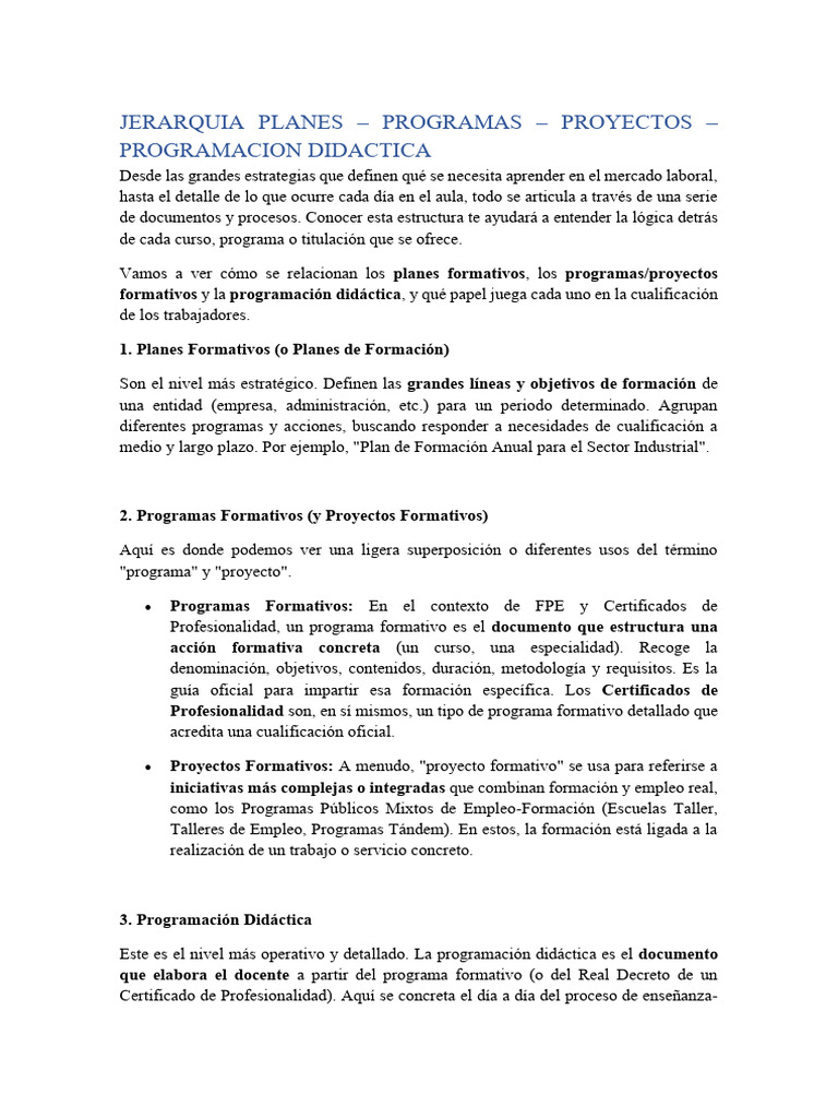 Relacion Planes-Proyectos-Programacion Didactica | PDF | Certificado ...