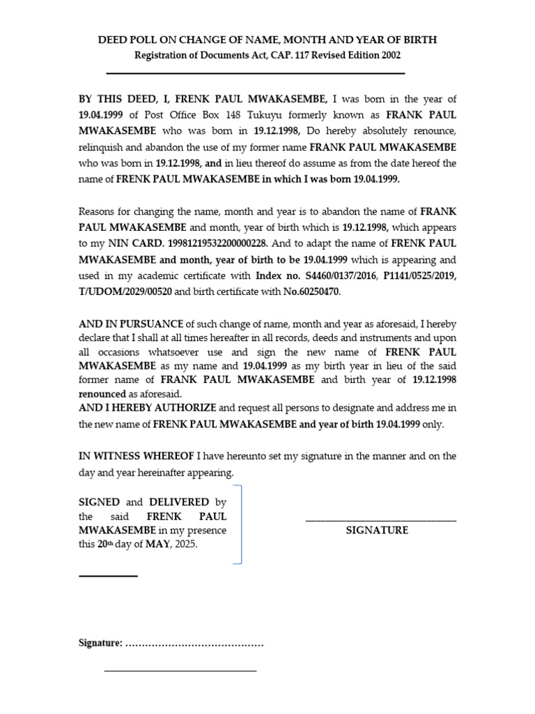Deed Poll for Name Change and Birth Date | PDF