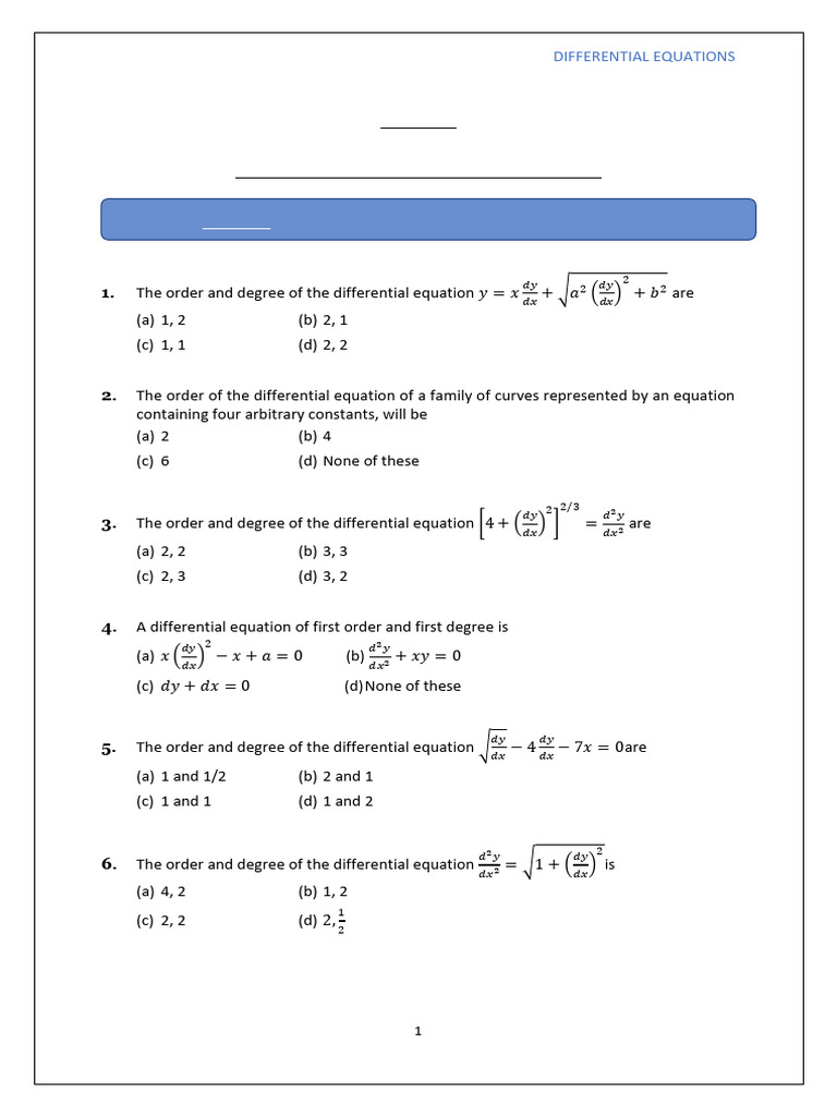 Dpp-1 Order and Degree of Differential Equations | PDF | Coordinate ...