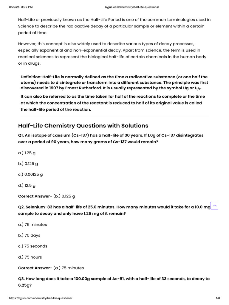 Half-Life Calculations and Questions | PDF | Chemical Elements ...