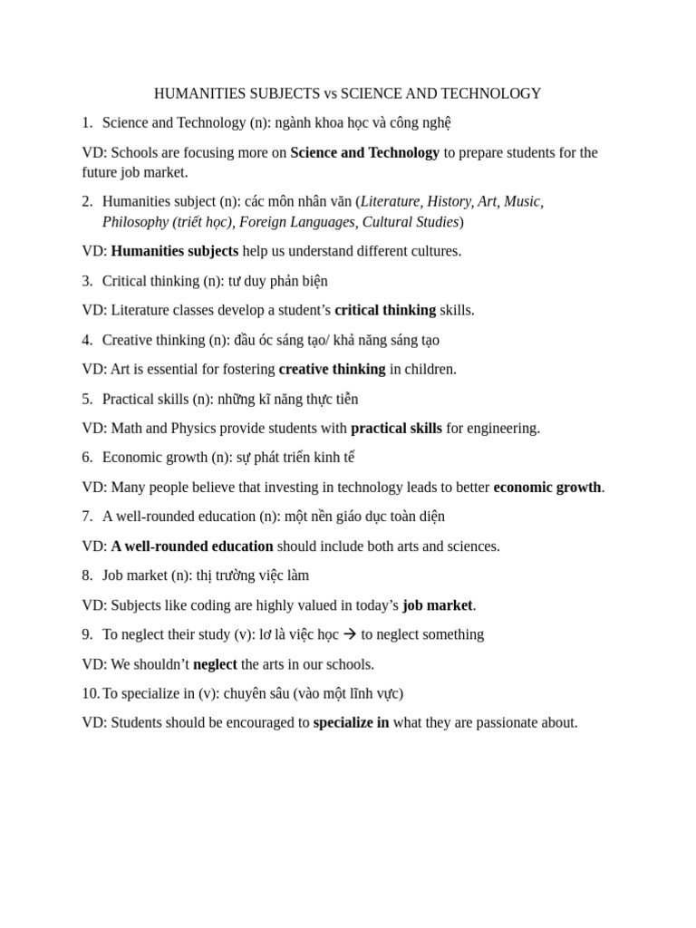 Humanities Subjects Vs Science and Technology Vocab | PDF