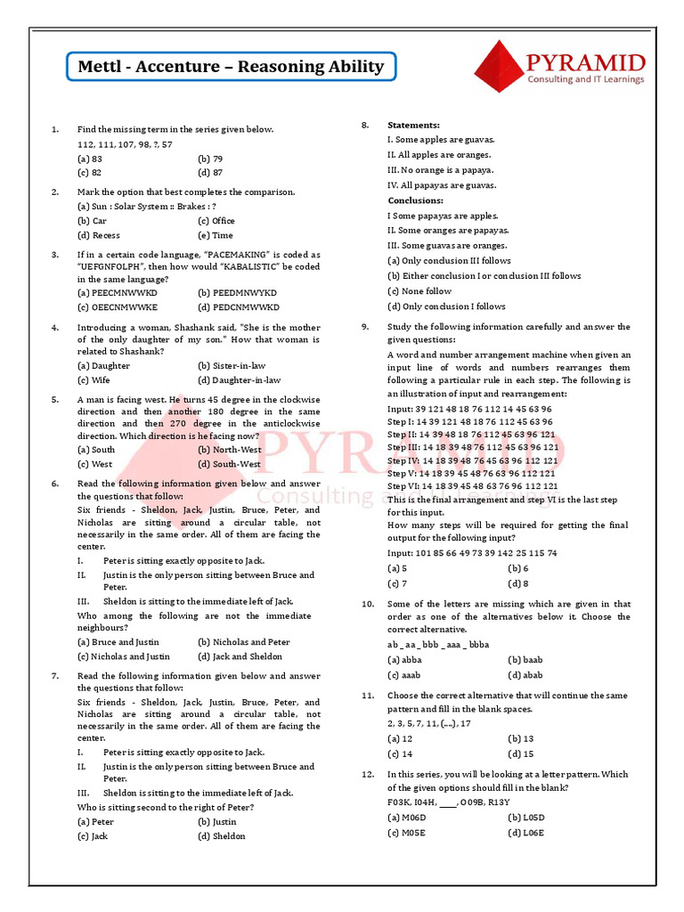 Reasoning Ability Test Questions | PDF