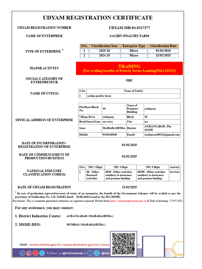 Sachin Poultry Farm Udyam Registration | PDF