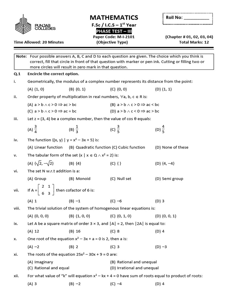 Mathematics Phase Test III Overview | PDF | Matrix (Mathematics ...